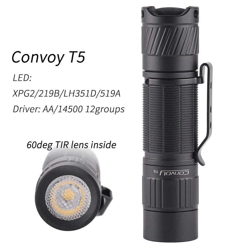 CONVOY T5 LED Фонарик для AA/14500 12 режимов Black, 5000K, 519A, No battery