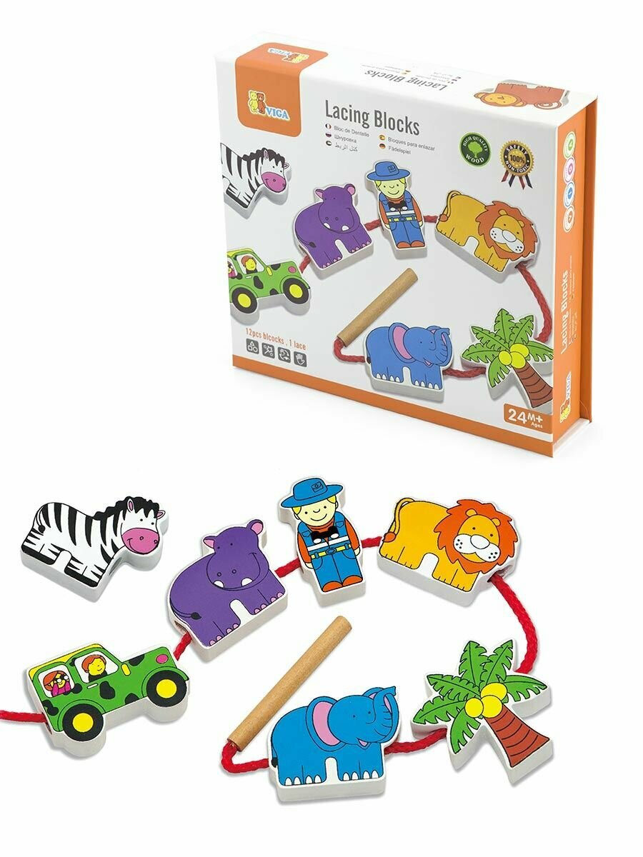 Игра-шнуровка Зоопарк 12 предметов (дерево) Viga, 59549