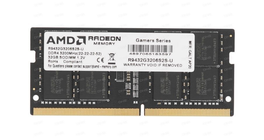 Оперативная память 32GB AMD Radeon™ DDR4 3200 SO DIMM R9 Gamer Series Gaming Memory R9432G3206S2S-U Non-ECC, CL16, 1.2V, RTL