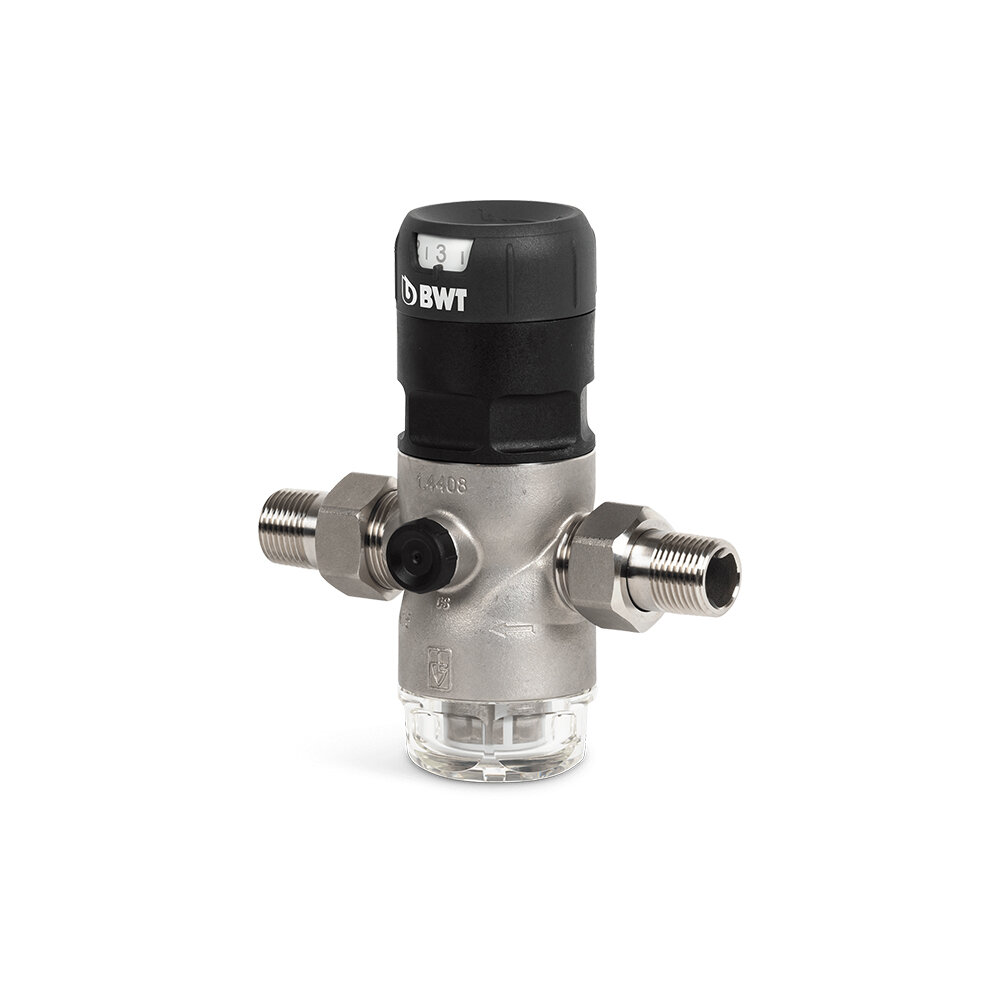 Редуктор давления 1/2" 1.5-7 бар PN16 D1 Inox нерж. сталь, для х/в, пластик. колба BWT