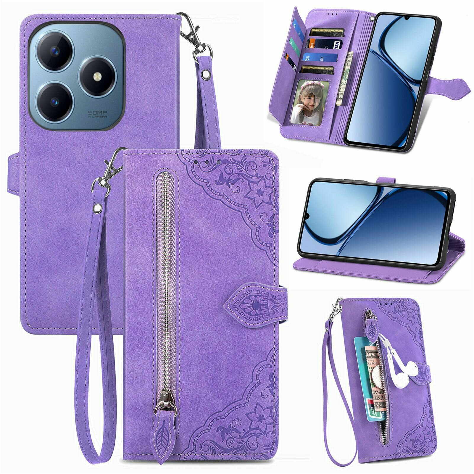 Чехол книжка для Realme C61 / C63 кошелек на молнии Чехлы для мобильных телефонов