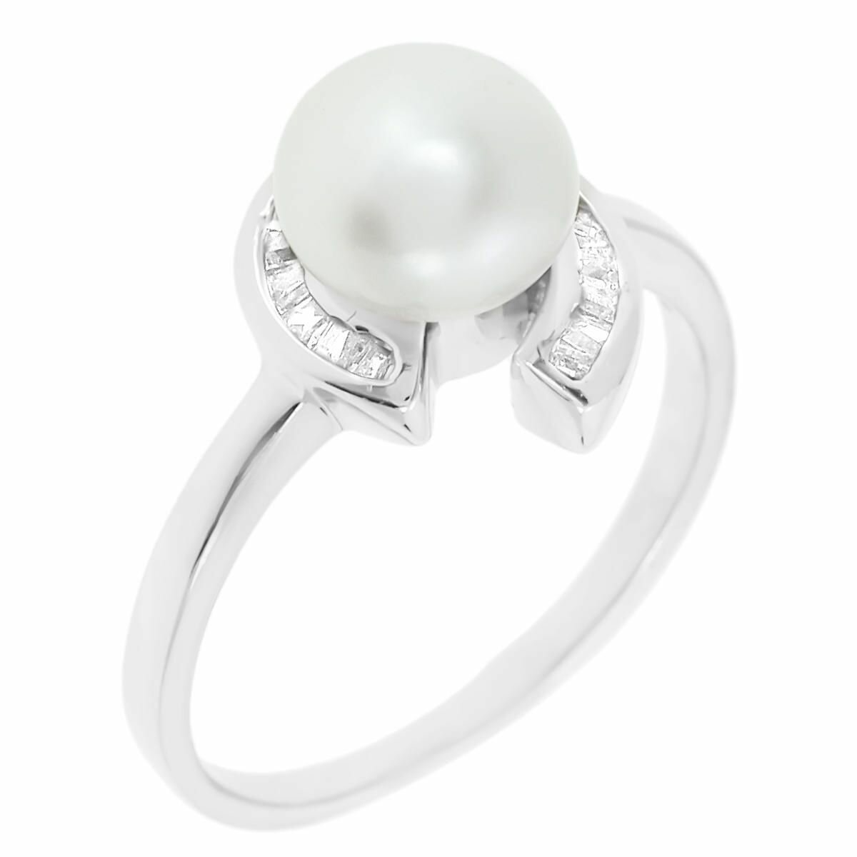 Кольцо тонкое, серебро, 925 проба, родирование, жемчуг культивированный, фианит