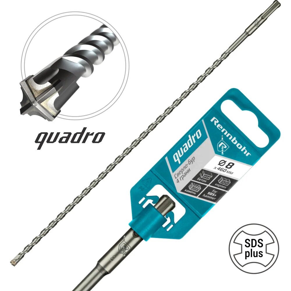 Бур Quadro (8x460 мм; SDS+) RENNBOHR 510846, зоны бурения