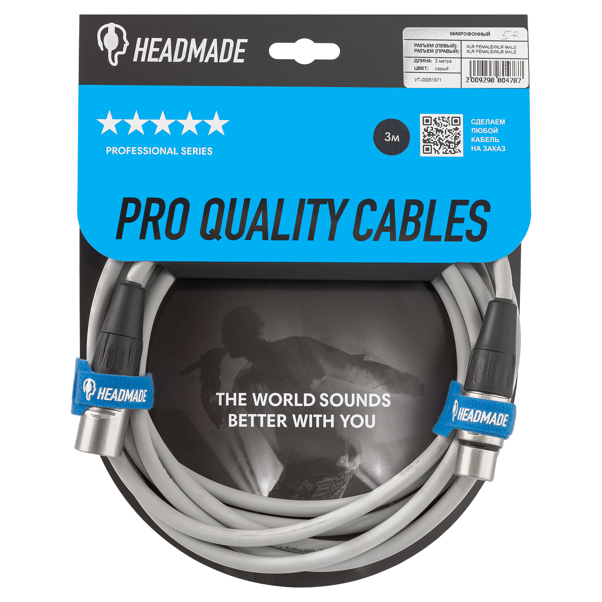 Кабель микрофонный HeadMade PRO Interconnect XLR(F) to XLR(M) Grey, 3 м, серый