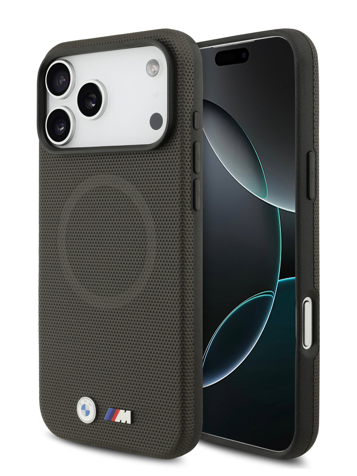 Чехол BMW на iPhone 17 Pro, с магнитами MagSafe, из экокожи PU Full Wrapped, серый