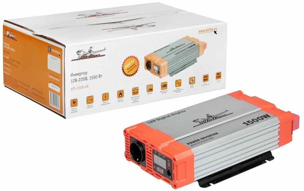 Инвертор 12В-220В 1500 Вт AIRLINE API-1500-08
