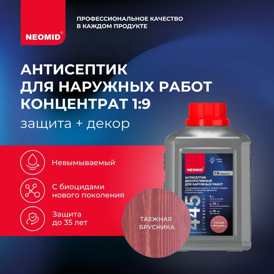 Декоративный антисептик для дерева NEOMID 445 (Таежная брусника) 0,5 кг / Защитная пропитка для деревянных фасадов