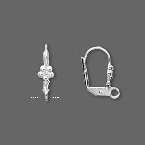 Швензы закрытые, 14мм, с французским замком, с цветком, базовый материал - латунь, посеребренные, пара