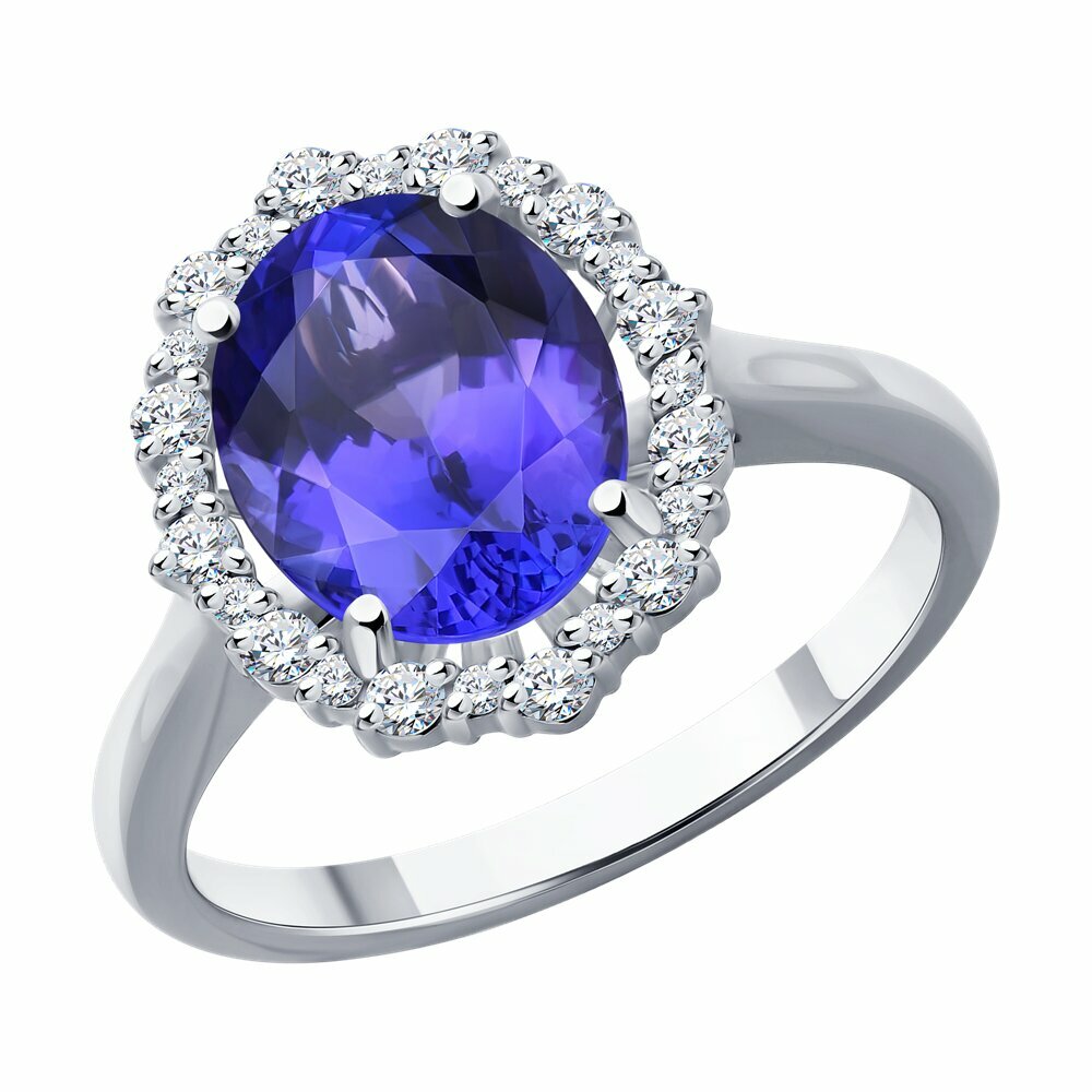 Кольцо обручальное, белое золото, 585 проба, танзанит, бриллиант