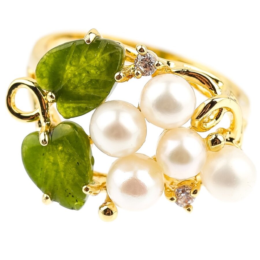 Кольцо, жемчуг культивированный, нефрит