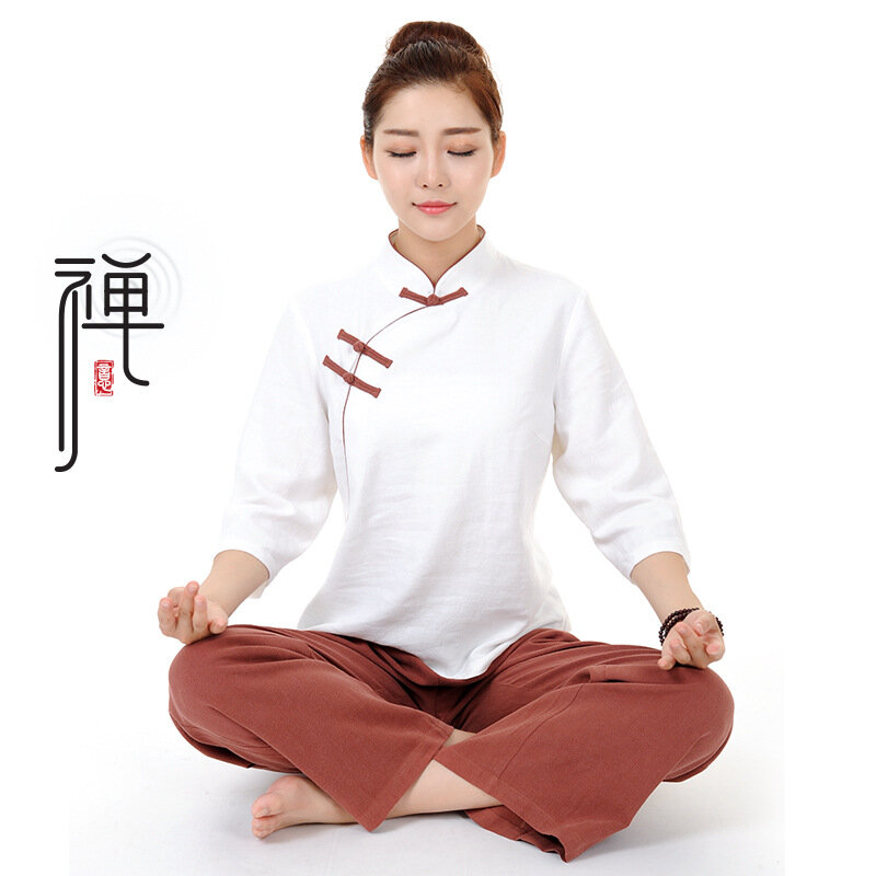 Костюм для йоги Nonghui 6059, хлопок, лен, стиль ретро, белый топ и винно-красные брюки, размер XXXL