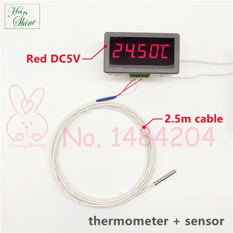 Цифровой термометр с датчиком, 2.5м, Red 5V