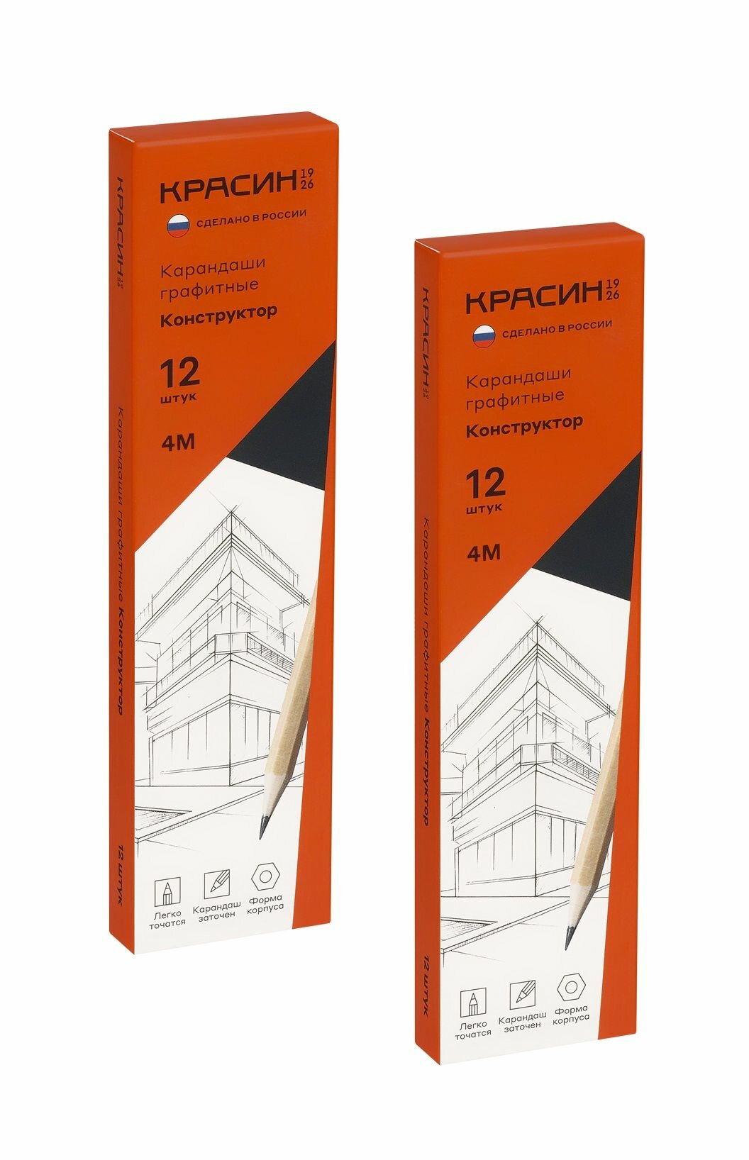 Набор 24 шт. - Карандаш ч/г Красин "Конструктор" 4М (4B) шестигран, заточен.