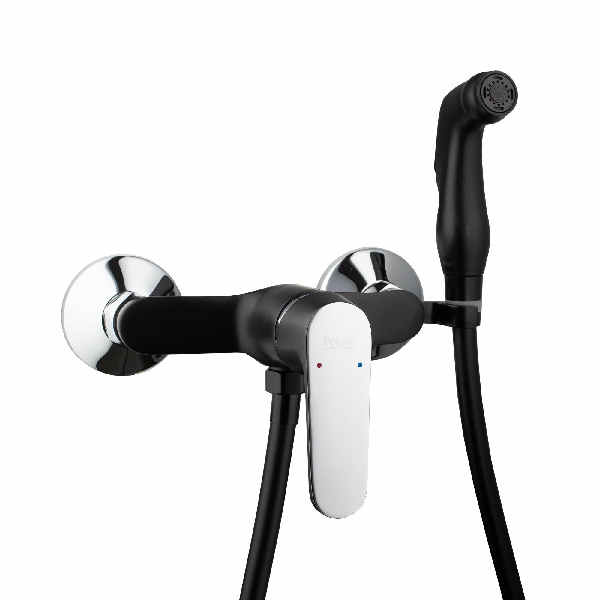 Смеситель для биде с гигиеническим душем, черный матовый с хромированной ручкой