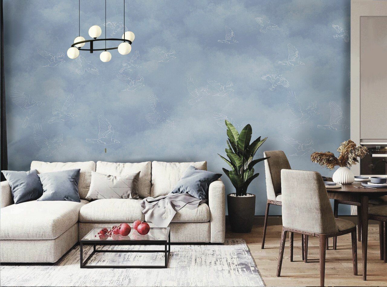 Обои бесшовные Полет галок голубой (ширина 2750мм х длина 3000мм)