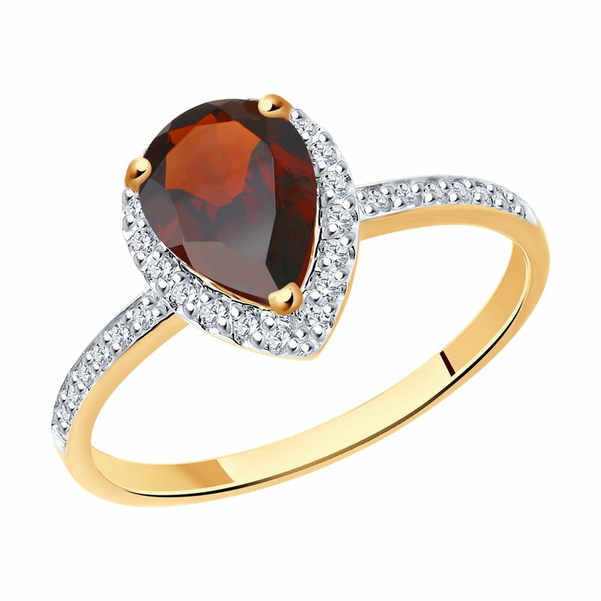 Кольцо, красное золото, 585 проба, фианит, гранат