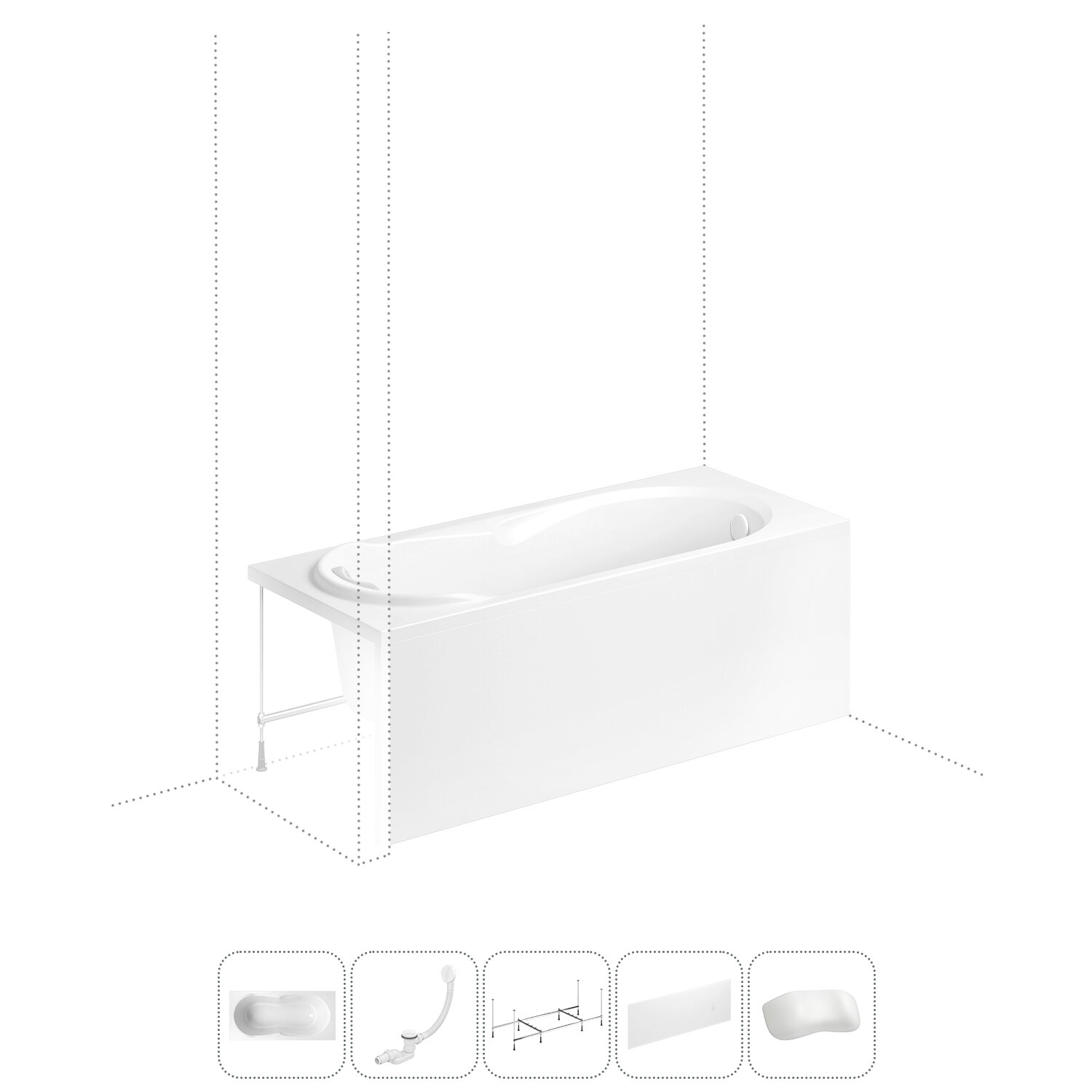 Акриловая ванна 150x70 с каркасом и экраном Lavinia Boho Easter Pro 202011660 в наборе 5 в 1: прямоугольная ванна 150 x 70 см, слив-перелив, каркас, экран, подголовник