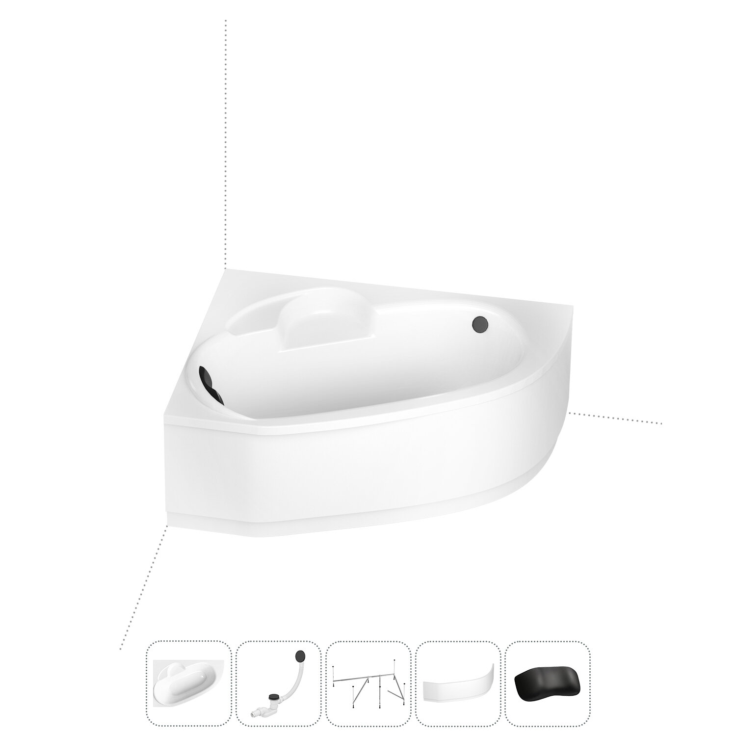 Угловая ванна акриловая 140 x 95 с каркасом и экраном Lavinia Boho Bell Pro 202011725 в наборе 5 в 1: асимметричная ванна (левый разворот), слив-перелив, каркас, экран, подголовник