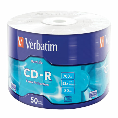 Диски CD-R VERBATIM DataLife, 700 Мб 52x Bulk (термоусадка без шпиля), комплект 50 шт, 43787