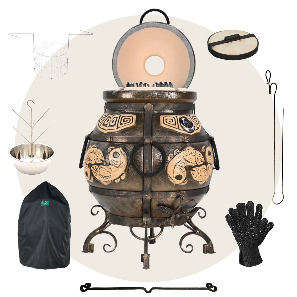 Комплект тандыр "ЭКОтандыр-Шар" с откидной крышкой, чёрный с патиной