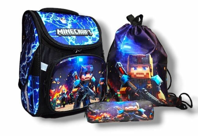 Рюкзак Minecraft Майнкрафт с мешком для обуви, школьный ранец для первоклассника ортопедический