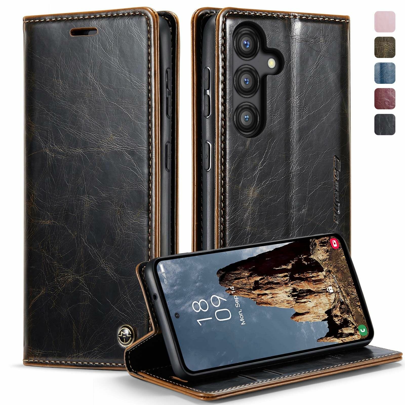 CaseMe Кожаный книжка чехол для Samsung Galaxy A35 (5G) / Самсунг Галакси А35 (5Г/5Джи) с визитницей из экокожи