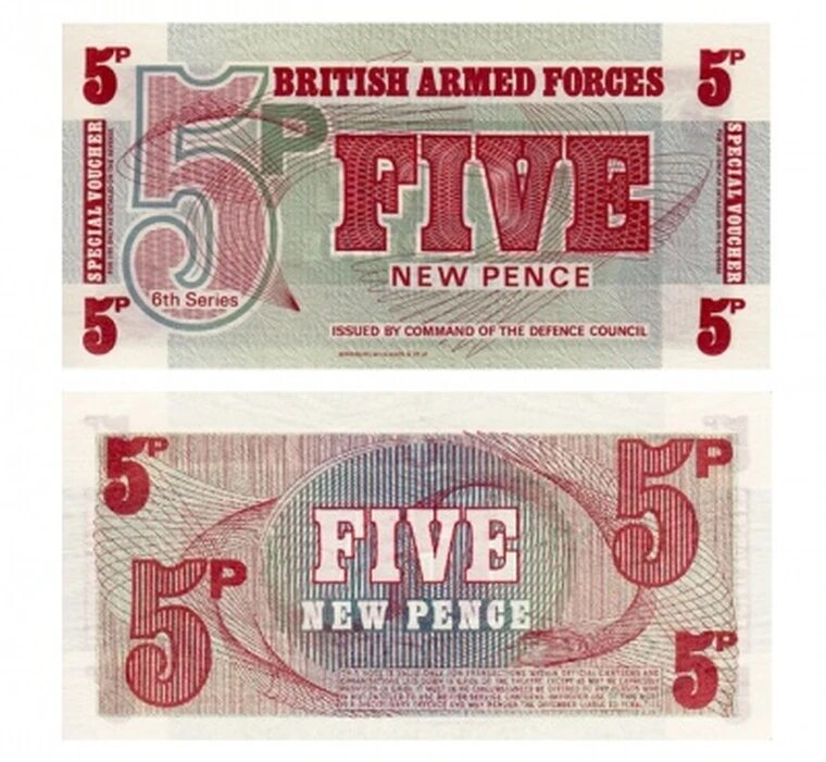 5 новых пенсов 1972 Великобритания, 6 выпуск для вооруженных сил сувенирная копия, банкноты и купюры редкие коллекционные
