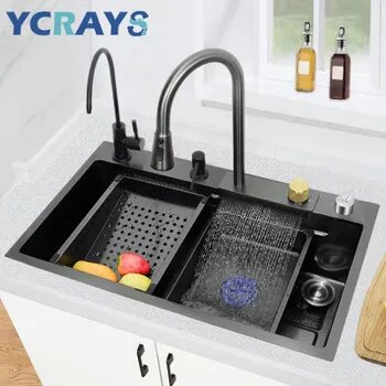 Многофункциональная раковина наномойка с дозатором мыла 68*45 см/ Выдвижной кран с водопадом "Летящий дождь/ Краны для чистой воды