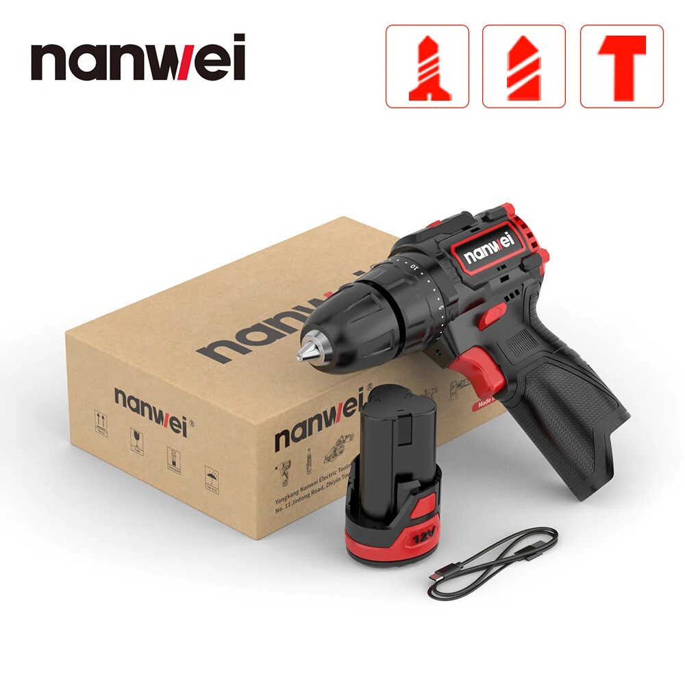 NANWEI Mini 12В ударная дрель беспроводная NW7598T-1C