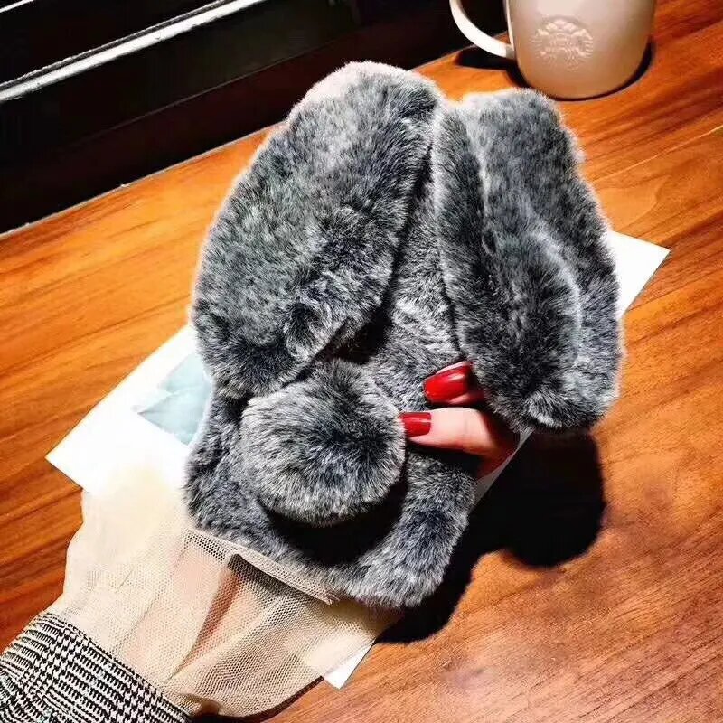 Пушистые плюшевые теплые чехлы для сотовых телефонов для iPhone 6 6S 7 8 plus Чехлы из ТПУ с кроликом для iPhone X XR XS MAX 11 12 13 14 15 Pro Max gray, for iphone 13