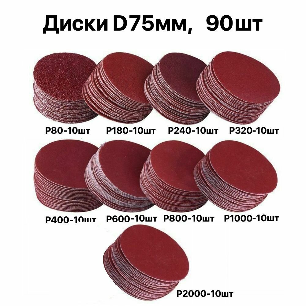 Диски шлифовальные 75 мм, 90 шт на липучке