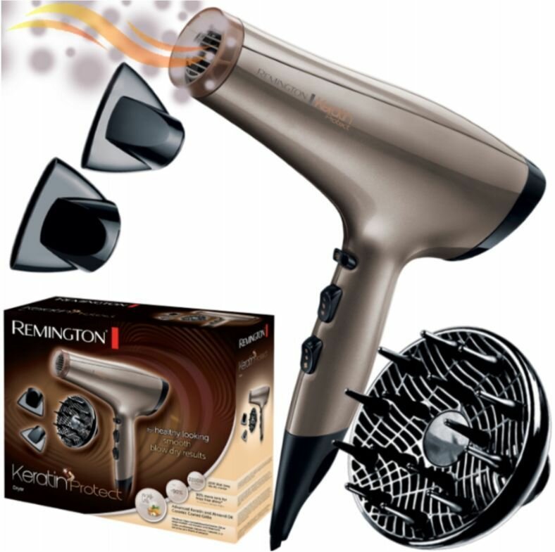 Фен для волос Remington Keratin Protect AC8002, мощность 2200 Вт, 2 скорости, 3 температурных режима, Ионизация, Диффузор
