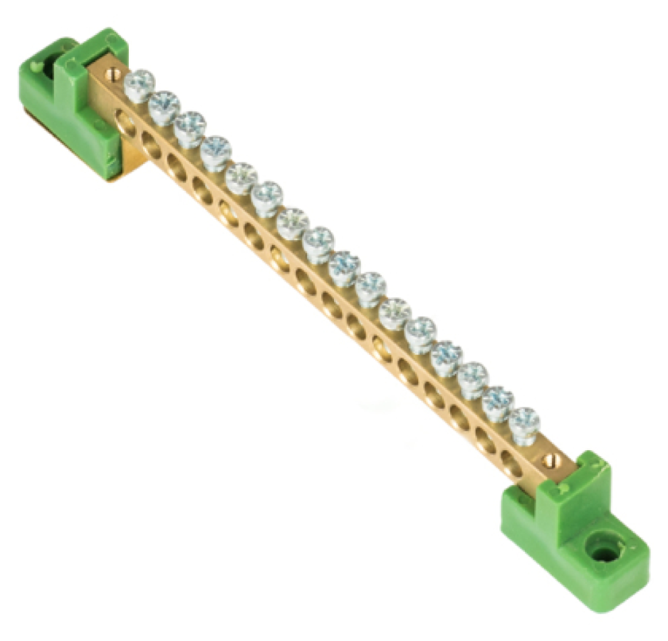 Шина EKF / ЕКФ PROxima O PE нулевая с двумя зелеными угловыми изоляторами и контактной пластиной, 16 отверстий латунь, 6х9мм 100А, sn0-63-16-2-pe / соединитель проводов