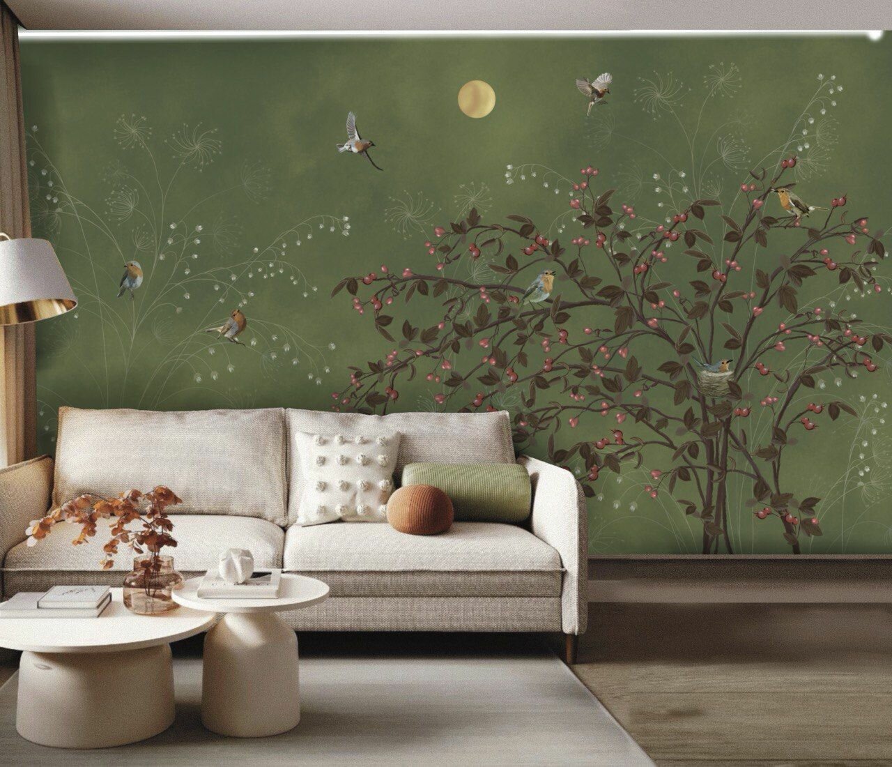 Фреска бесшовная "Малиновка на заре щебетала" зеленый-оливковый (ширина 3100мм х длина 5500мм)