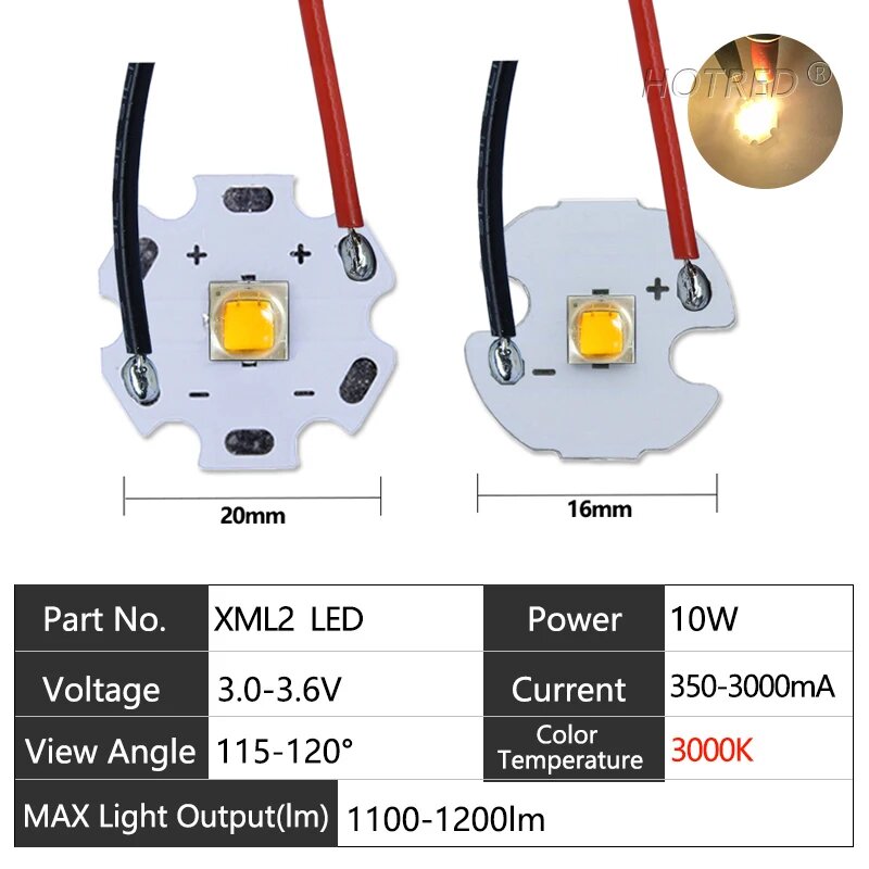 Светодиоды HotRed XLM T6 XMLL2 5050 XML2-Warm White, 16mm Led With Wire