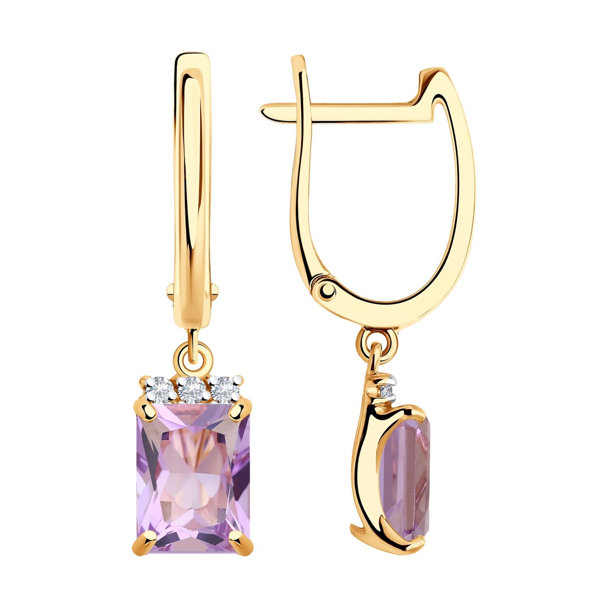 Серьги, красное золото, 585 проба, фианит, аметист