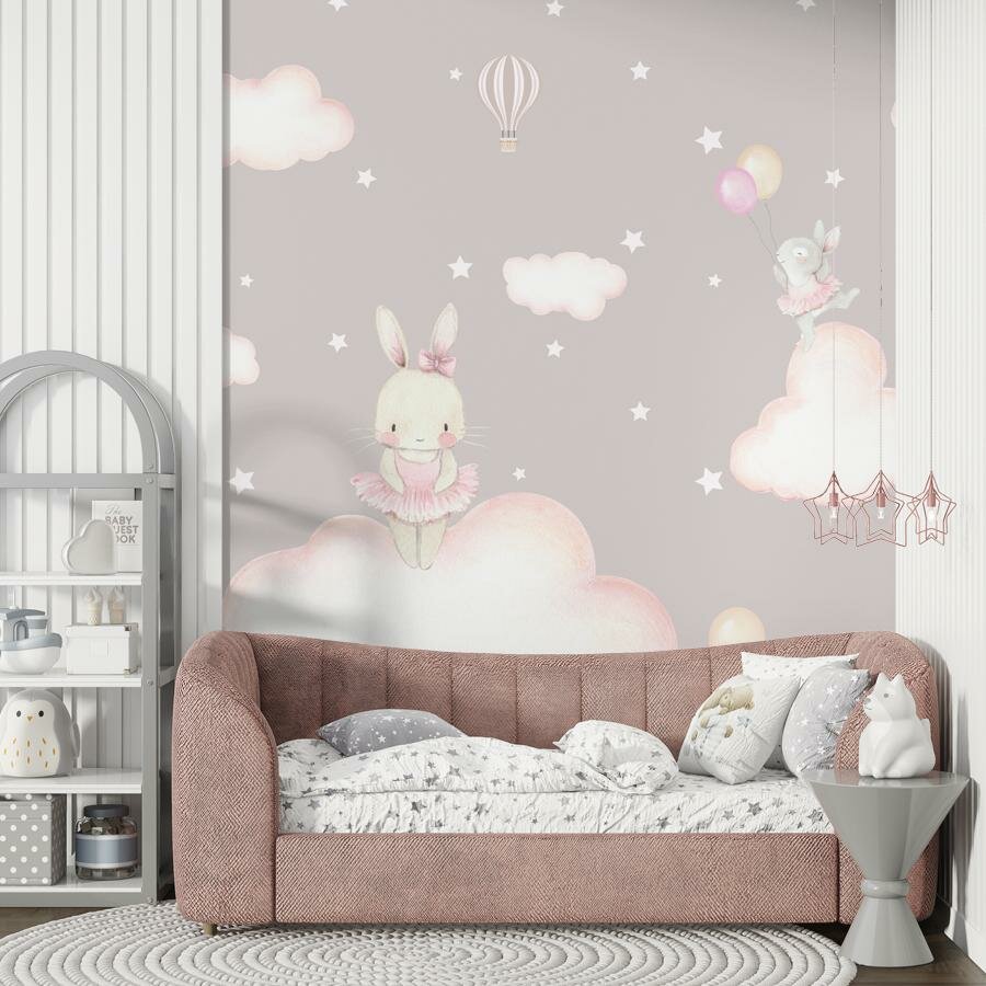 Фотообои Зайки на облачках 14-194-S-Песок 270 x 200 см (ВхШ) Метровые, флизелиновые, влагостойкие обои