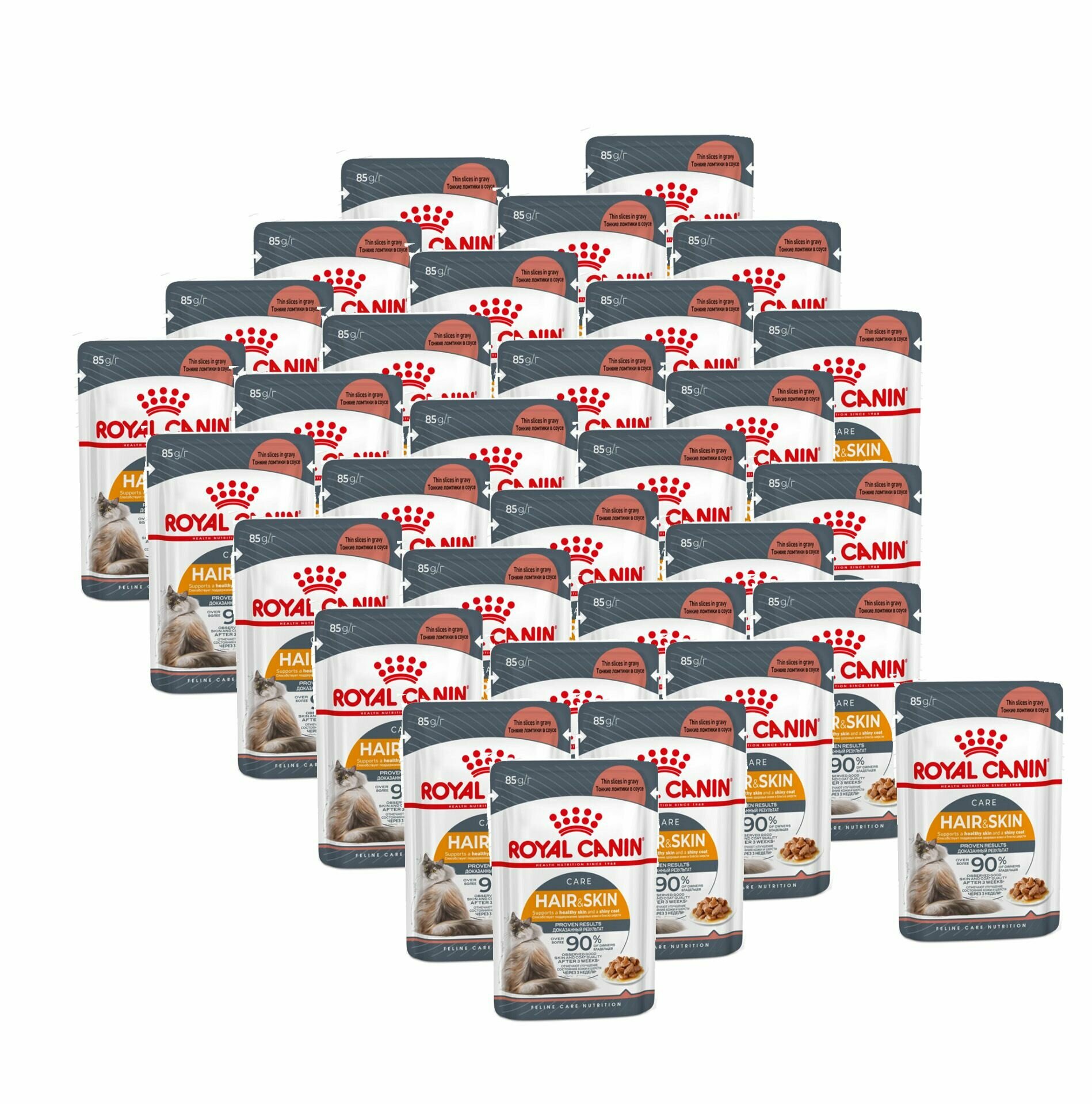 Royal Canin Hair&Skin Care влажный корм для взрослых кошек, для поддержания здоровья кожи и красоты шерсти, тонкие ломтики в соусе, в паучах - 85 г х 32 шт.
