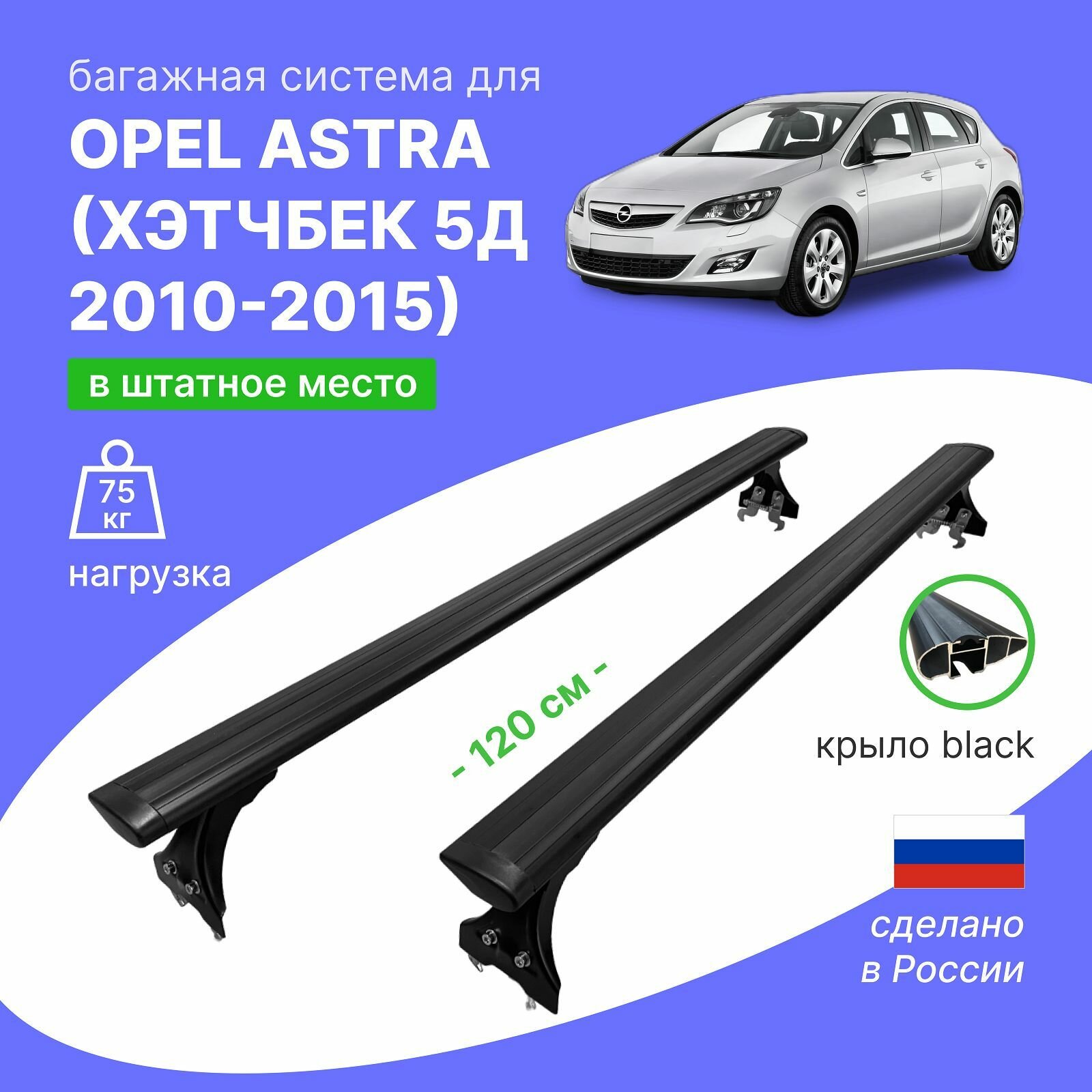 Багажник Delta крыло black, на крышу автомобиля Opel Astra (Опель Астра хэтчбек 5д 2010-2015) в штатное место
