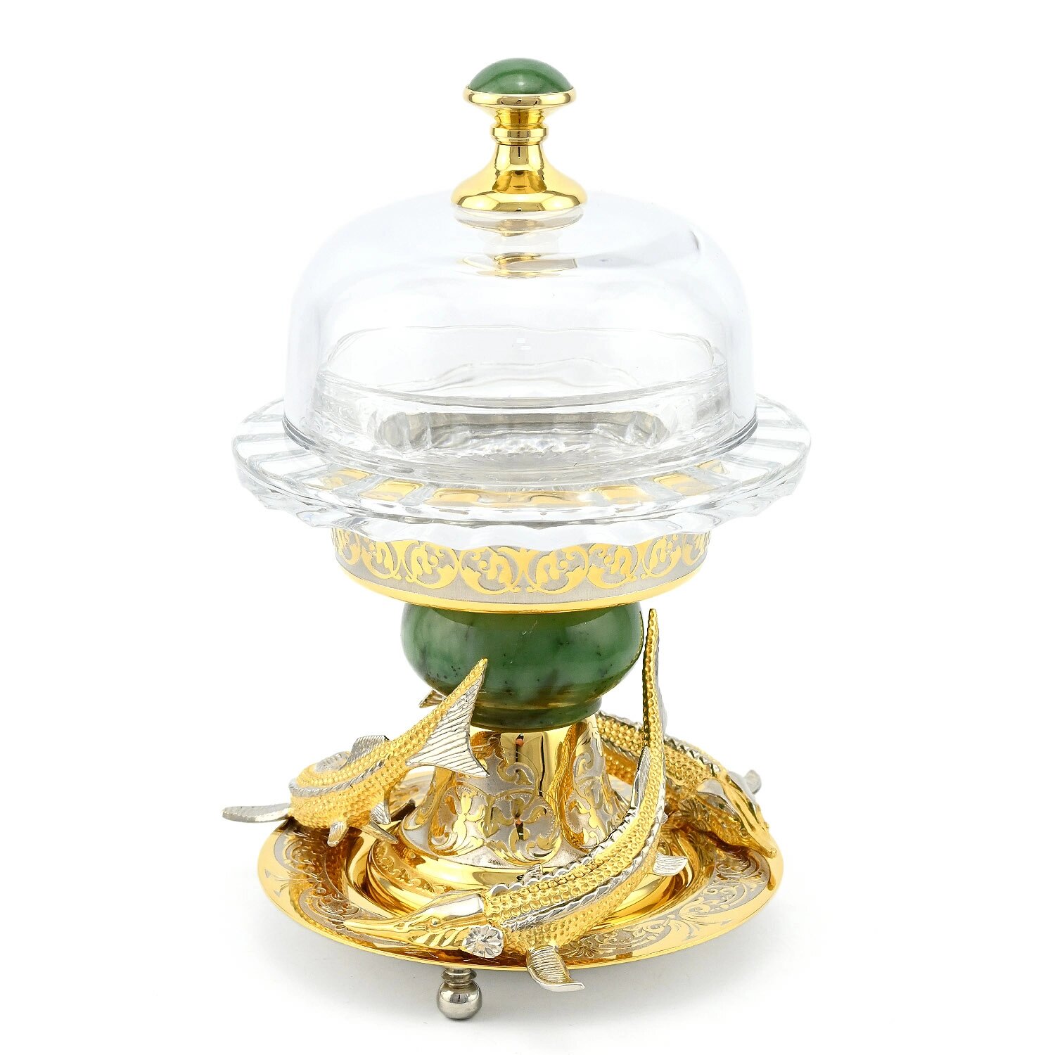 Икорница с нефритом "Три осетра" 135*135*195мм .