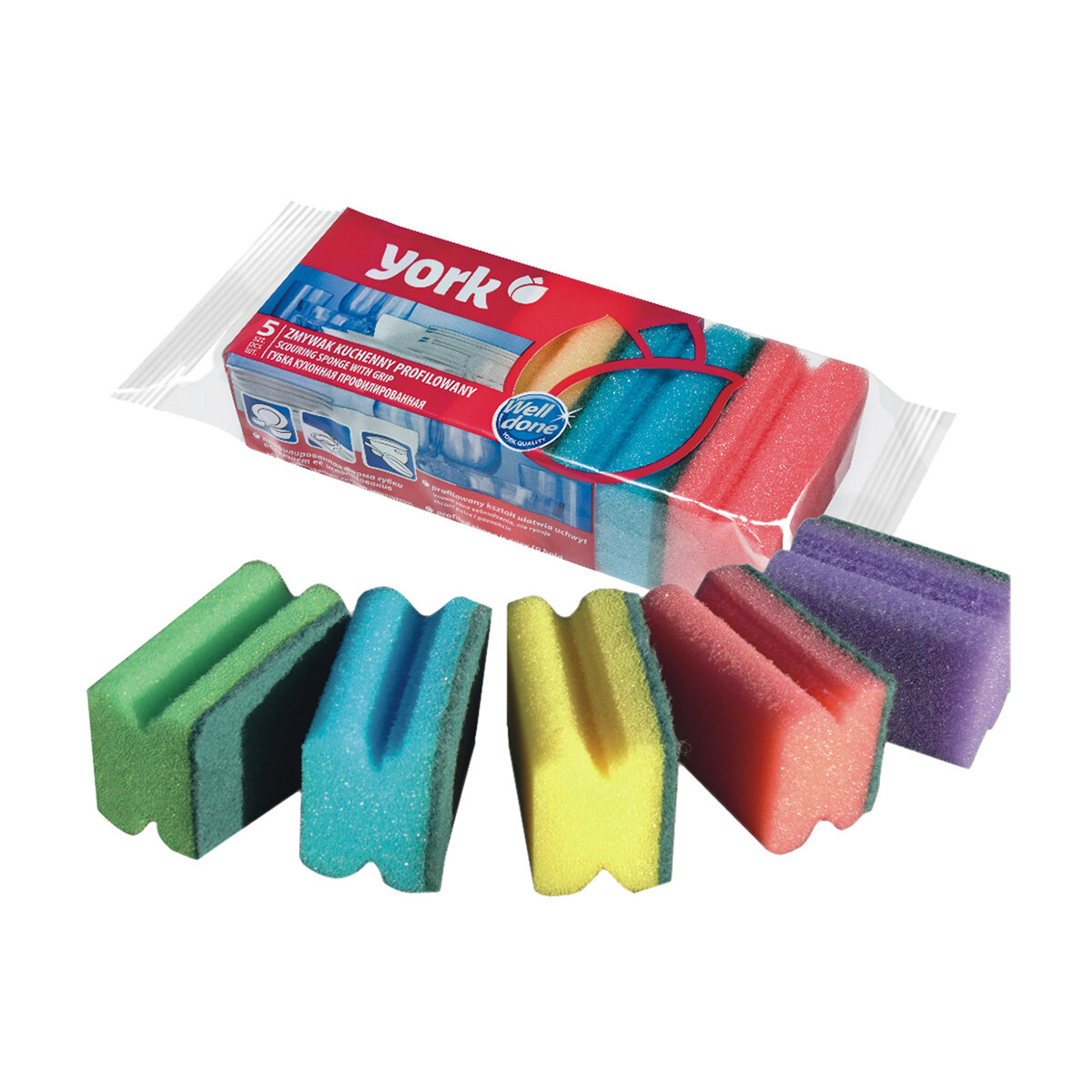 Губки для посуды "York", профилированные, упаковка 5 штук, разноцветные