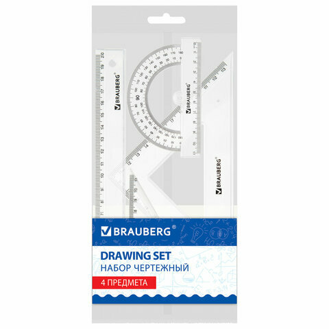 12 шт. Набор чертежный BRAUBERG (линейка 20 см, 2 треугольника, транспортир), прозрачный, 210853