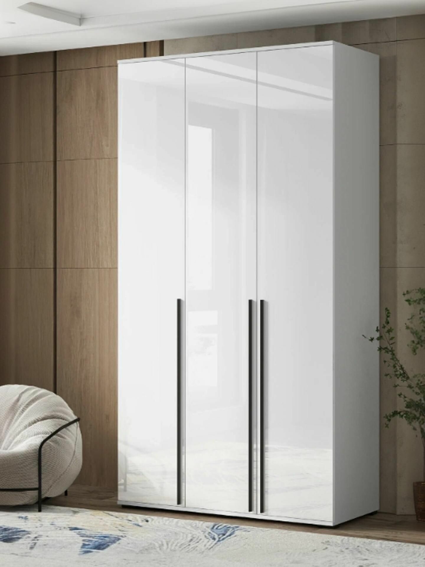 Шкаф распашной Бастион 120 белый древесный/белый глянец, полки, штанга