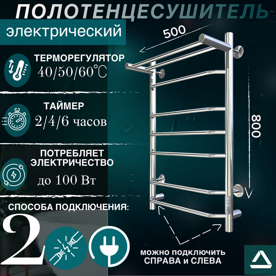 Полотенцесушитель электрический TermoPrime 500мм 800мм с терморегулятором форма лесенка подключение слева и справа