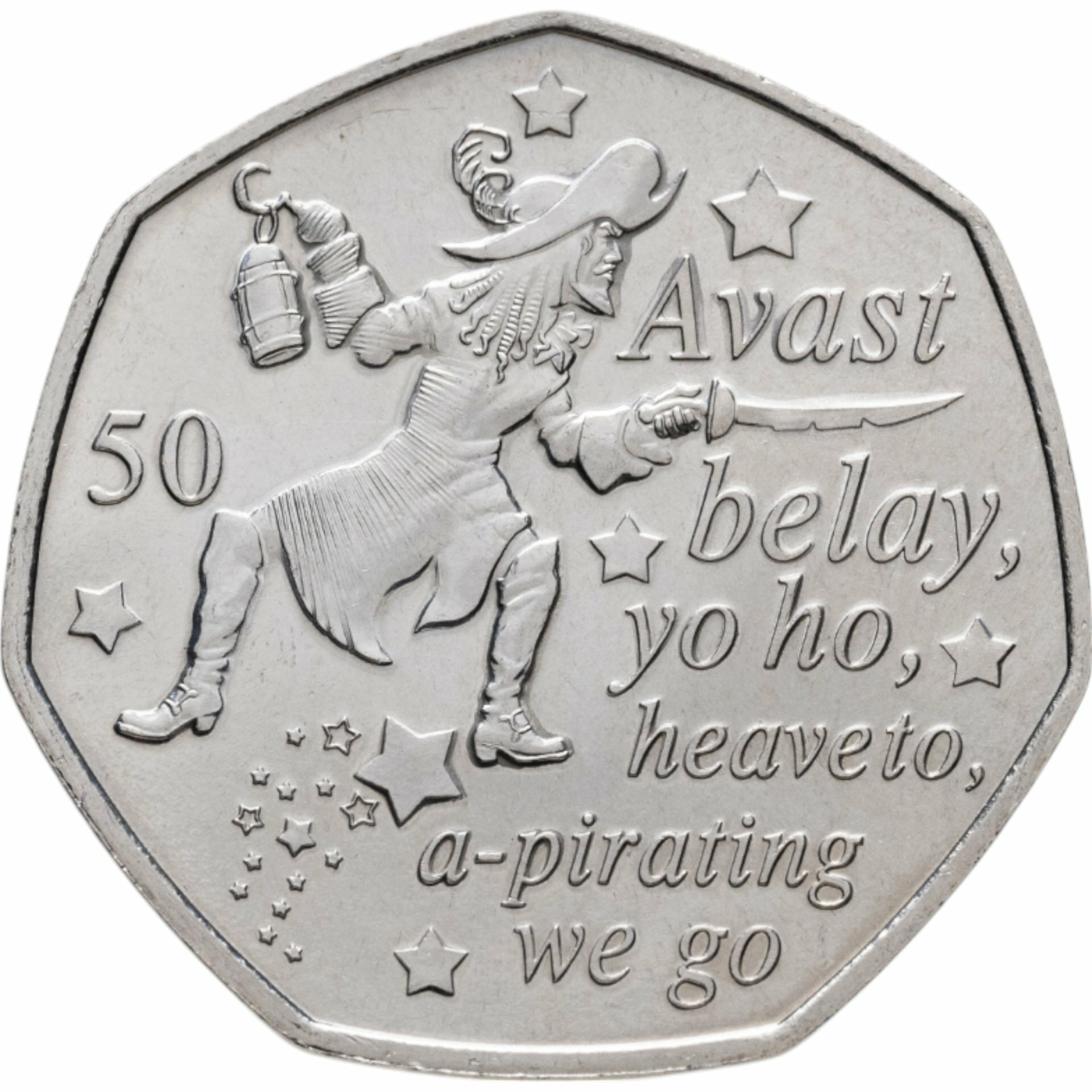 Остров Мэн 50 пенсов 2019 "Питер Пэн - Капитан Крюк", Мельхиор медь-никель, в сохранности UNC