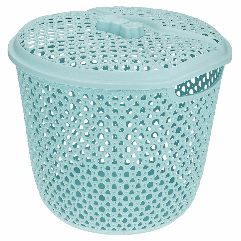 Корзина Домашняя Мода пластмассовая, для хранения, диаметр 32 см, высота 28 см, с крышкой, с ручками голубой