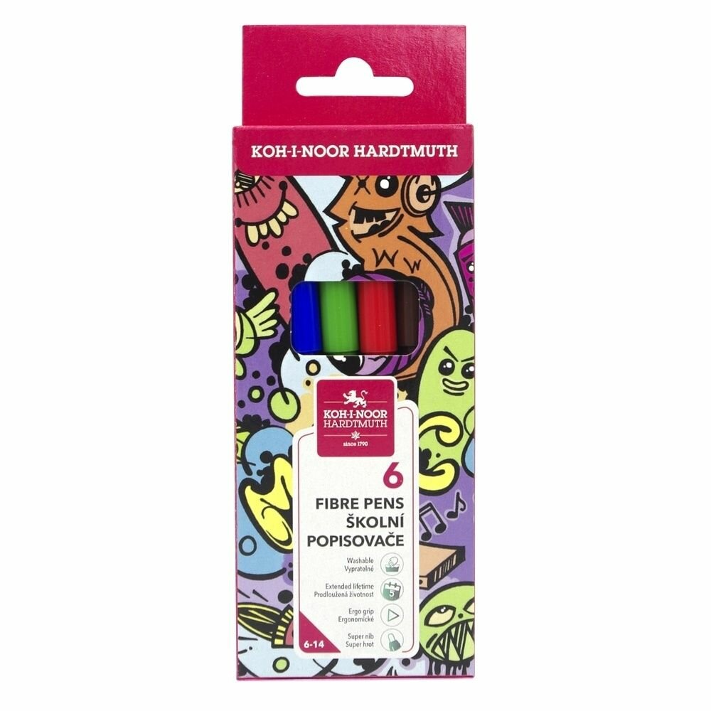 Набор фломастеров KOH-I-NOOR teenage, классические, 6 цветов, круглый корпус, легкосмываемые, картонная упаковка (771002JF23KS)
