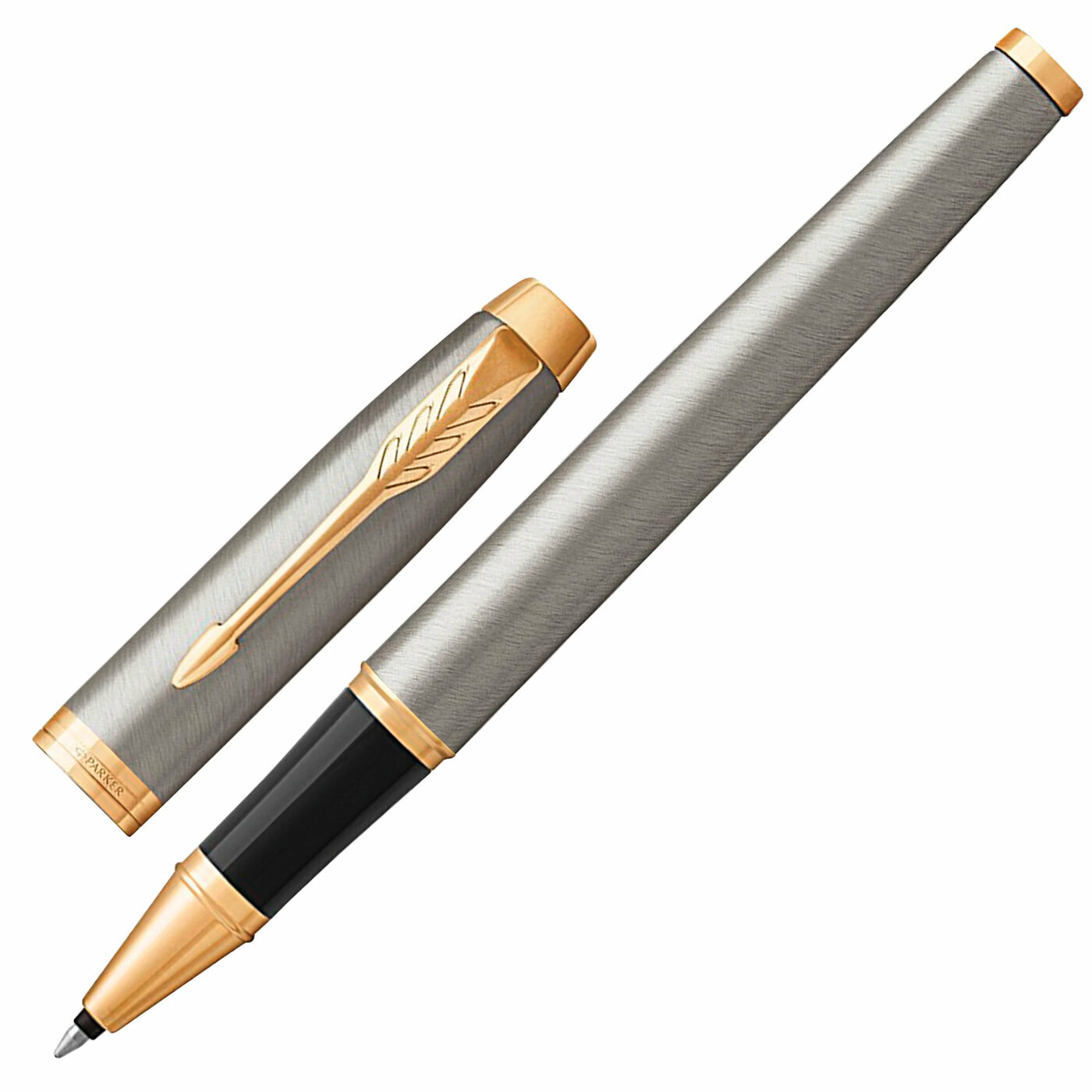 Ручка-роллер Parker "IM Core Brushed Metal GT", корпус серебристый матовый лак, позолоченные детали, черная (1931663)