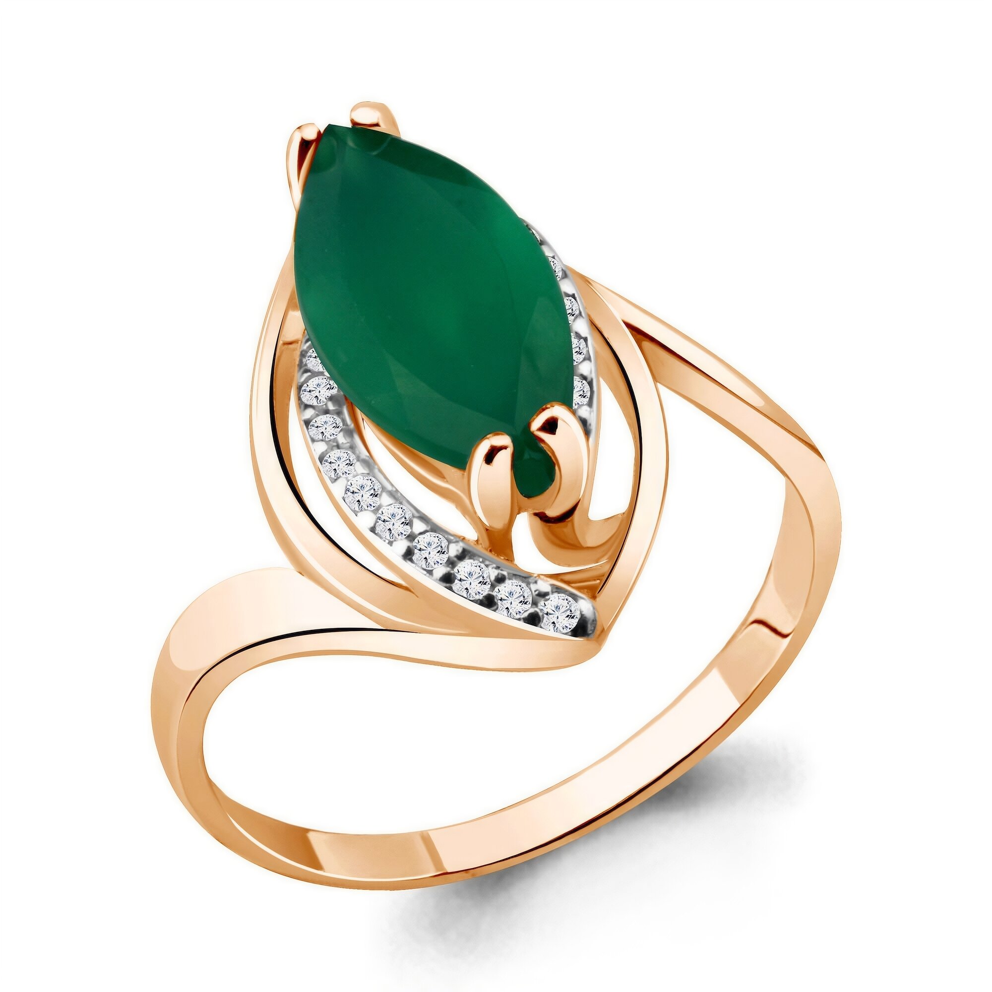 Кольцо, серебро, 925 проба, золочение, фианит, агат