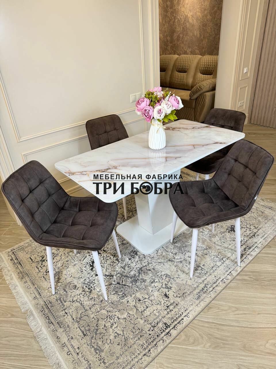 Стол кухонный, стулья для кухни комплект 4 шт, ТРИ бобра, ТОР, раздвижной, Жемчуг , 110(140)х70х75 см